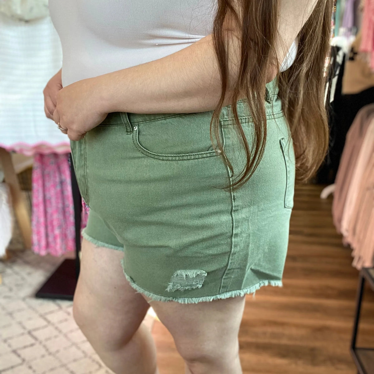 Distressed Washed Color Denim Shorts - Olive – Ruby Joy Boutique