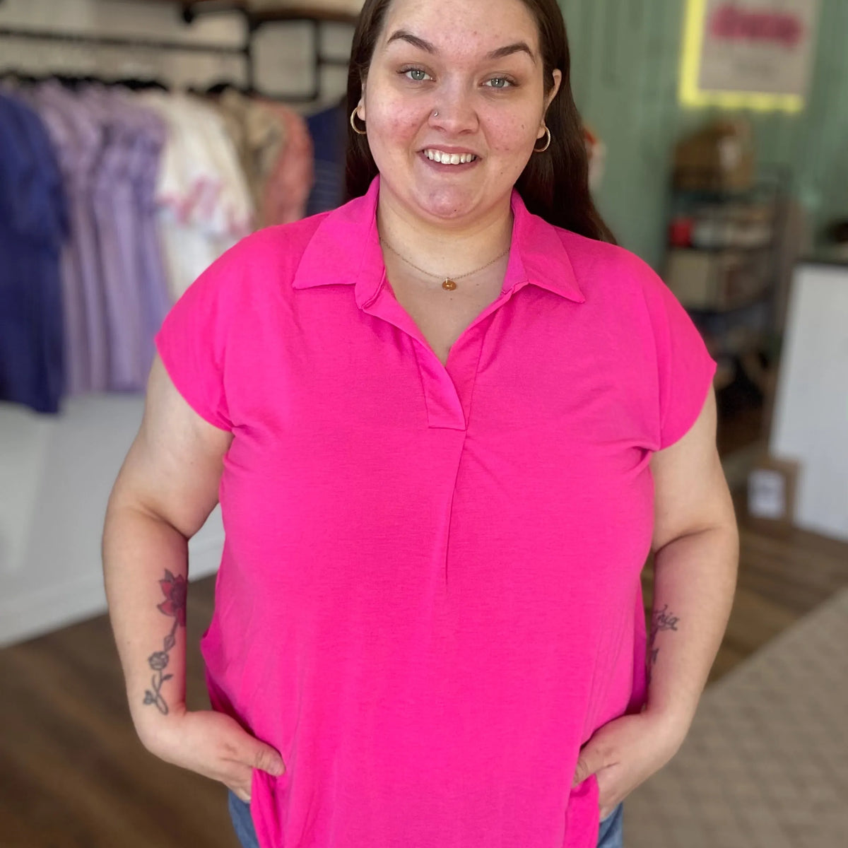 Hot Pink Notch Neck Collared Top – Ruby Joy Boutique