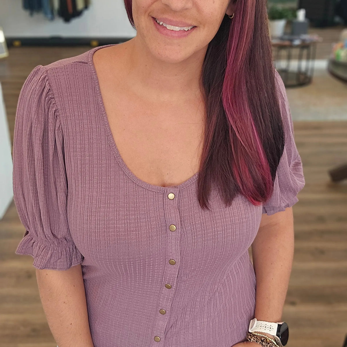 Pointelle Puff Sleeve Snap Front Top – Ruby Joy Boutique
