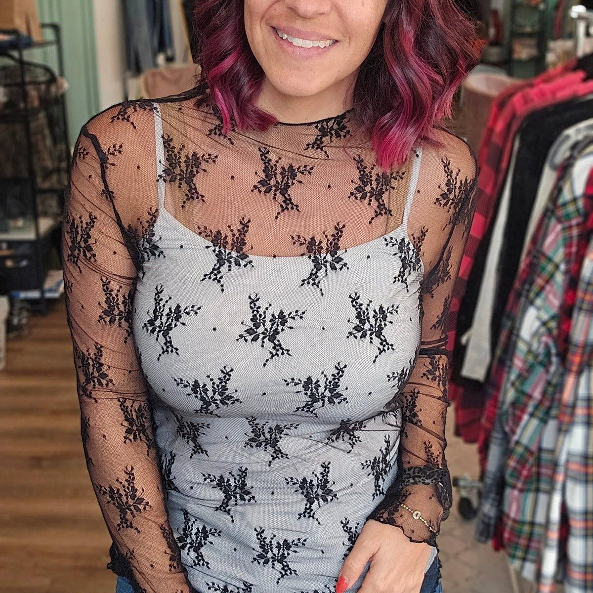 Sheer Long Sleeve Layering Top - Black Floral Lace – Ruby Joy Boutique